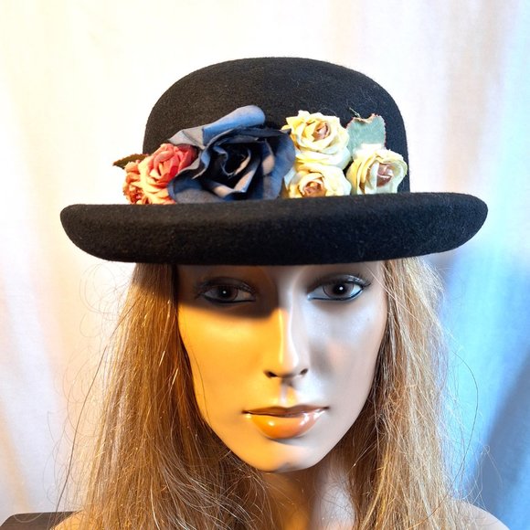 Vintage | Accessories | Vintage Wool Felt Black Bowler Hat With Flowers ...